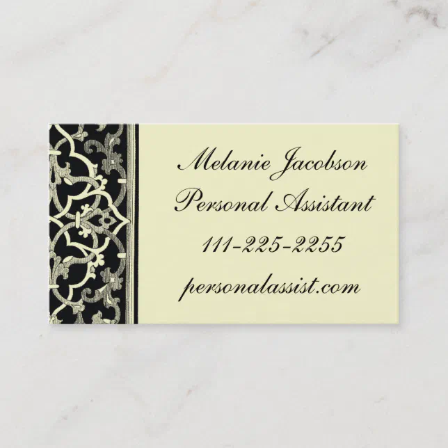 Elegant Black Brocade border business card | Zazzle