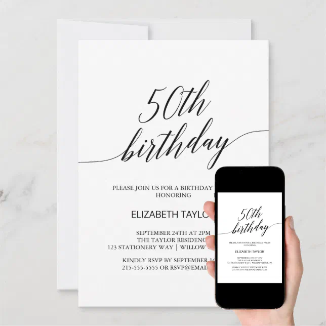 Elegant Black Calligraphy 50th Birthday Invitation | Zazzle