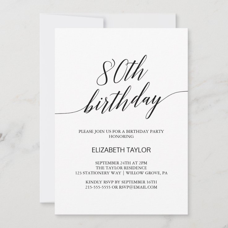 Elegant Black Calligraphy 80th Birthday Invitation | Zazzle