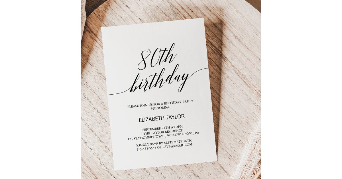 Elegant Black Calligraphy 80th Birthday Invitation | Zazzle
