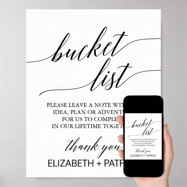 Elegant Black Calligraphy Bucket List Sign | Zazzle