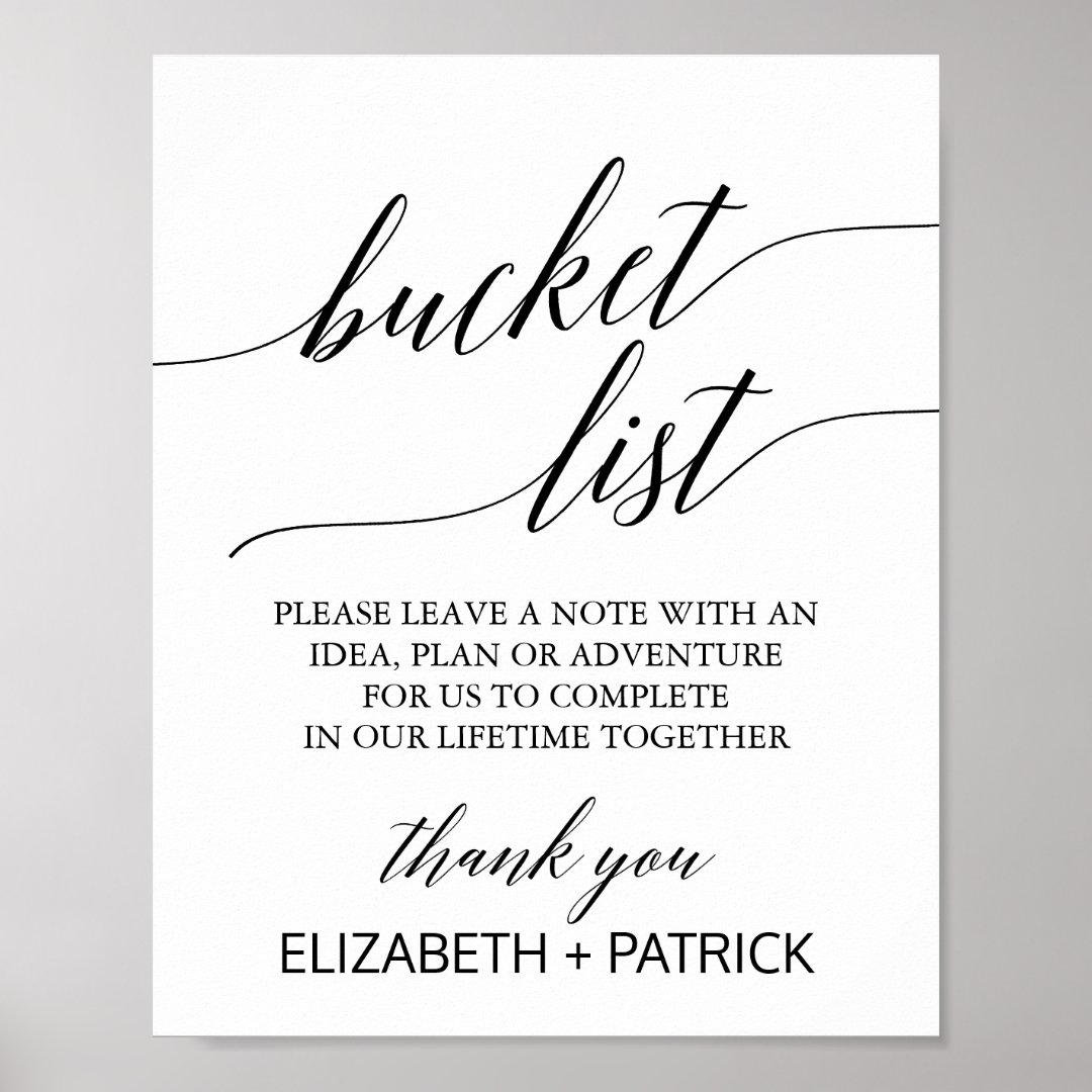Elegant Black Calligraphy Bucket List Sign | Zazzle