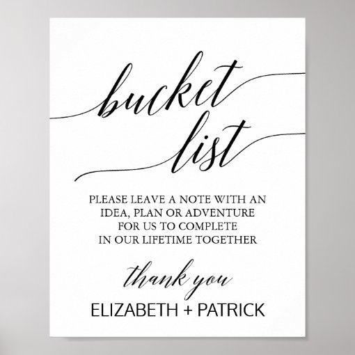 Elegant Black Calligraphy Bucket List Sign | Zazzle