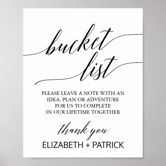 Elegant Black Calligraphy Bucket List Sign | Zazzle