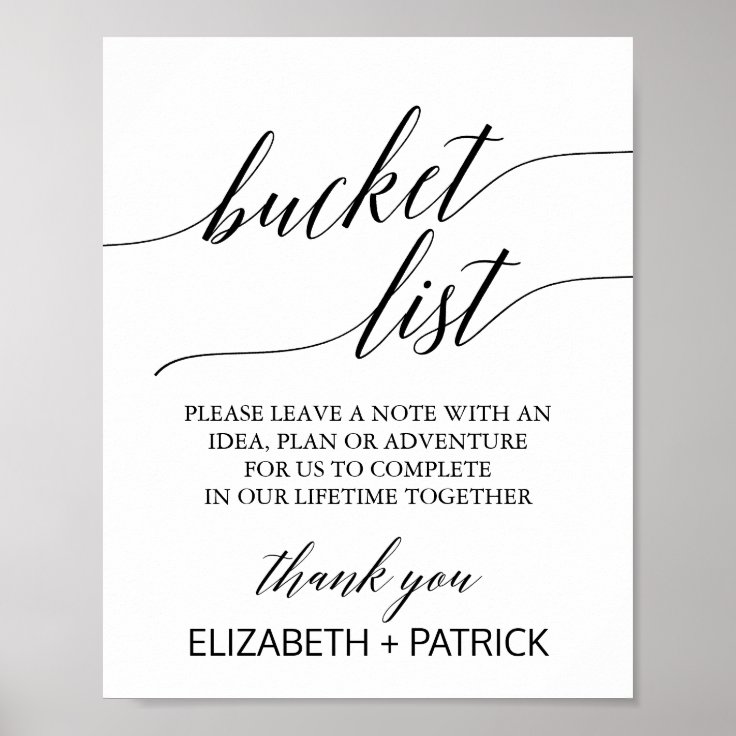 Elegant Black Calligraphy Bucket List Sign | Zazzle