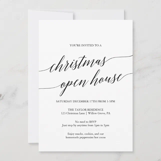 Elegant Black Calligraphy Christmas Open House Invitation | Zazzle