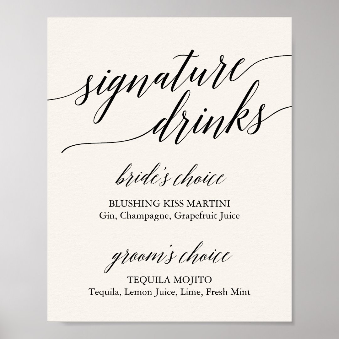 Elegant Black Calligraphy Cream Signature Drinks Poster | Zazzle