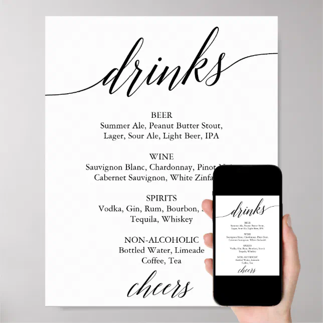 Elegant Black Calligraphy Drink Menu Sign | Zazzle