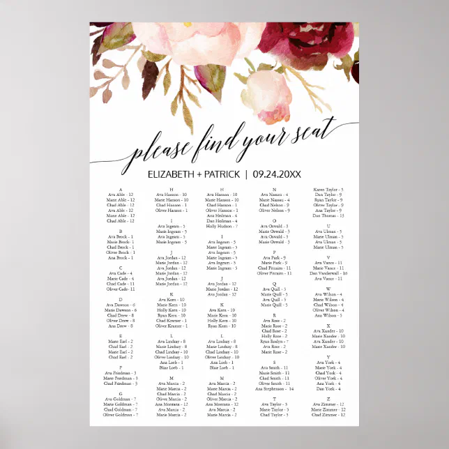 Elegant Black Calligraphy Floral Seating Chart | Zazzle