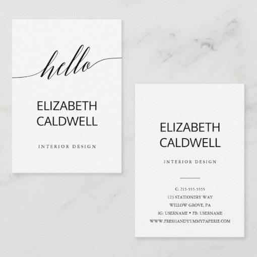 Elegant Black Calligraphy Hello Business Card | Zazzle