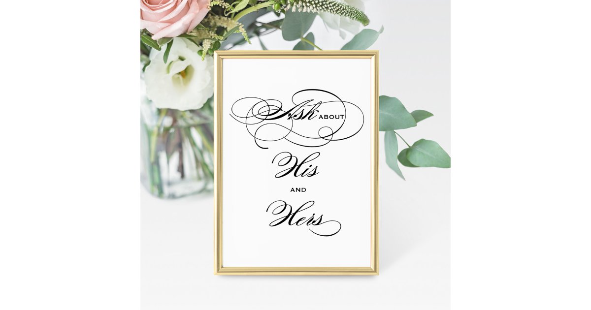 Elegant Black Calligraphy His and Hers Drinks Sign | Zazzle