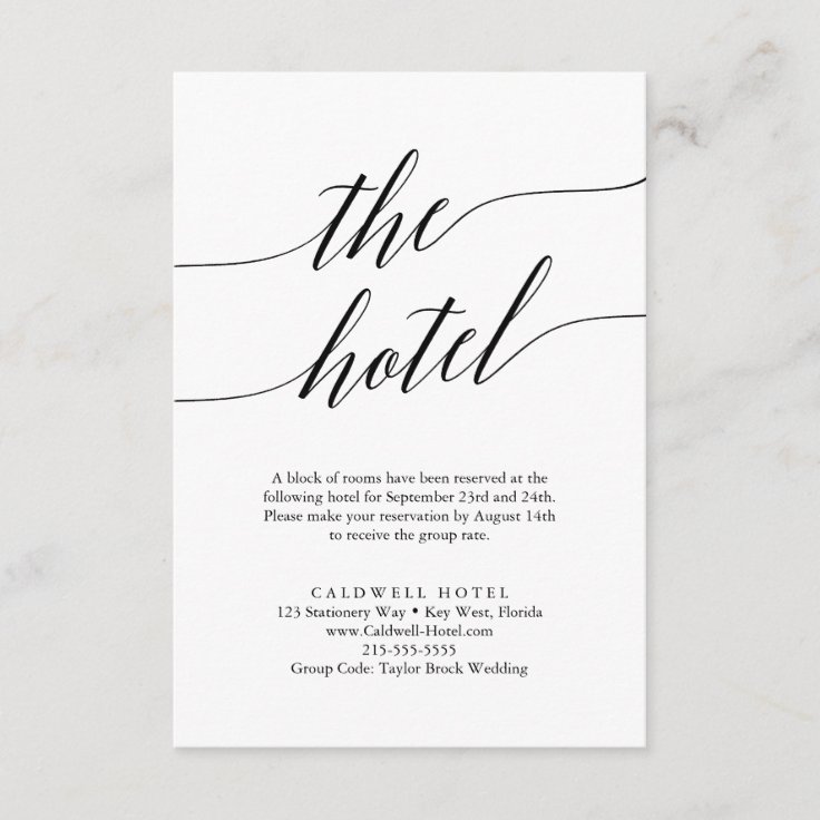 Elegant Black Calligraphy Hotel Enclosure Card | Zazzle
