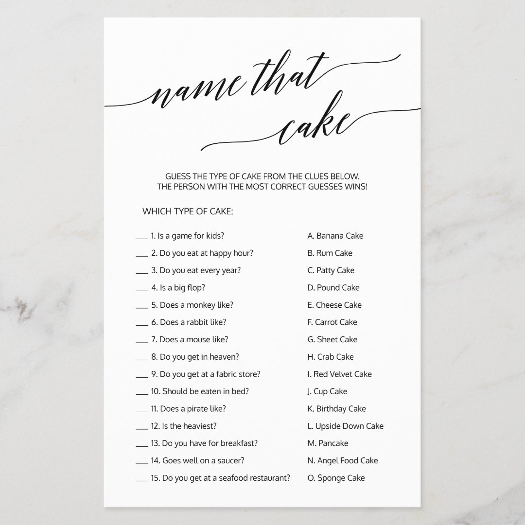 Elegant Black Calligraphy Name that Cake Game | Zazzle