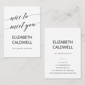 Elegant Black Calligraphy Nice To Meet You Business Card | Zazzle