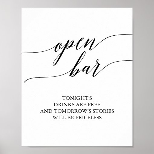 Elegant Black Calligraphy Open Bar Sign | Zazzle