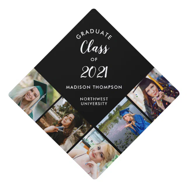 Elegant Black Calligraphy Script Custom Photo Graduation Cap Topper ...
