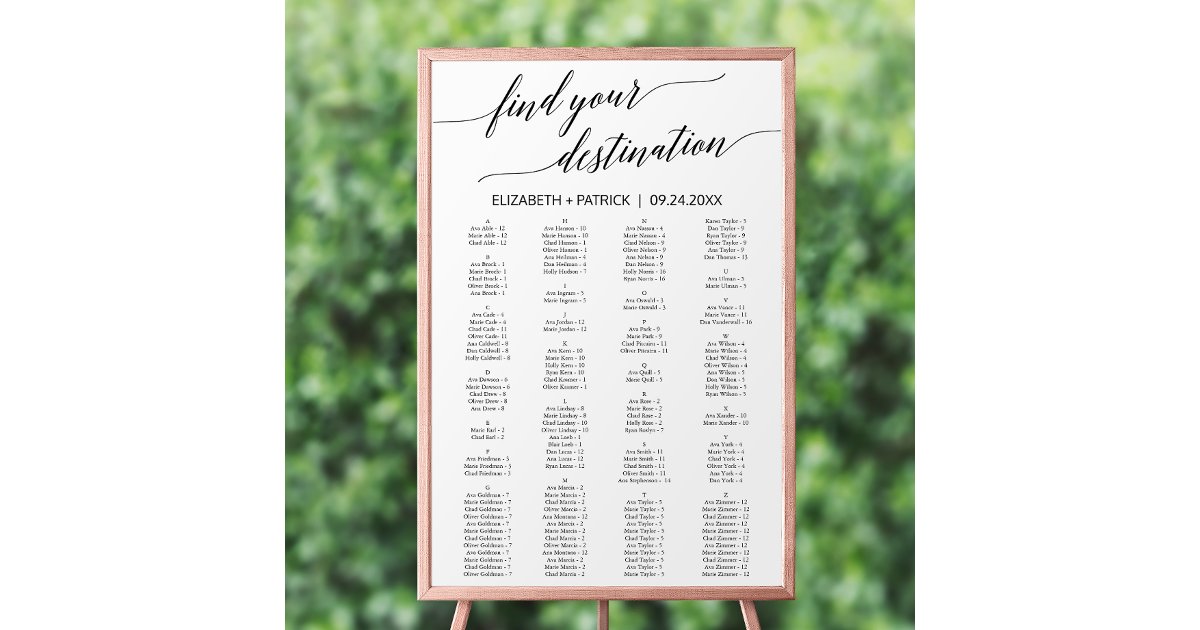 Elegant Black Calligraphy Travel Seating Chart | Zazzle