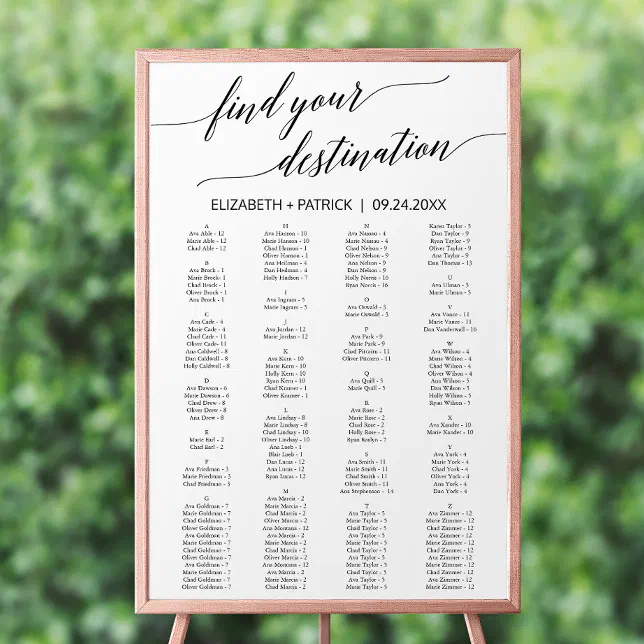 Elegant Black Calligraphy Travel Seating Chart | Zazzle