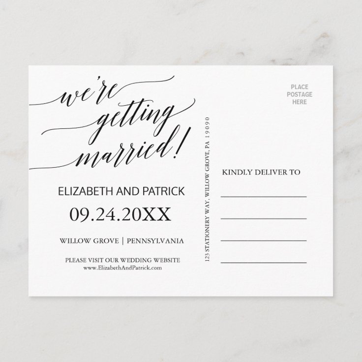 Elegant Black Calligraphy We're Getting Married Announcement Postcard ...