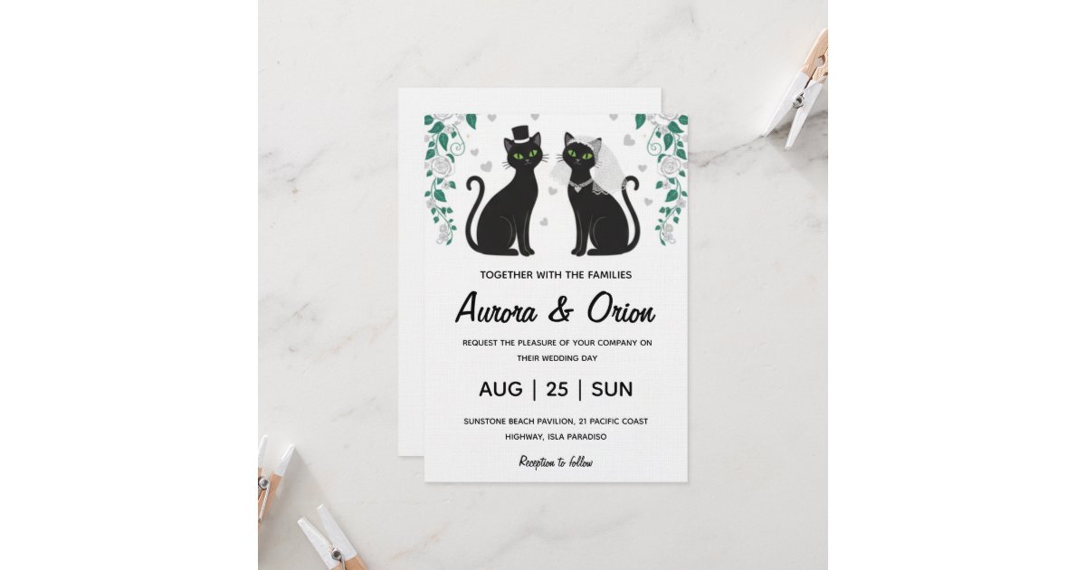 Elegant black cat wedding invitation | Zazzle