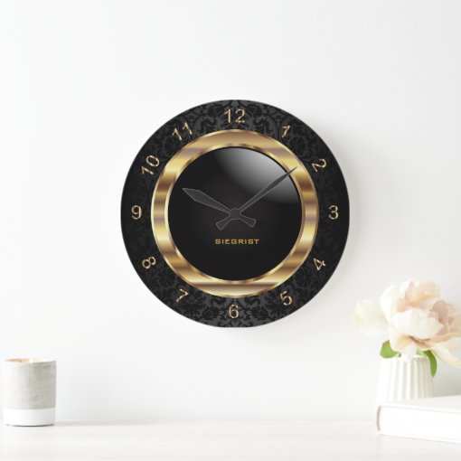 Elegant Black Damask Design Large Clock | Zazzle