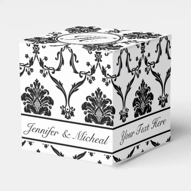 Elegant Black Damask Favor Box with Custom Name | Zazzle