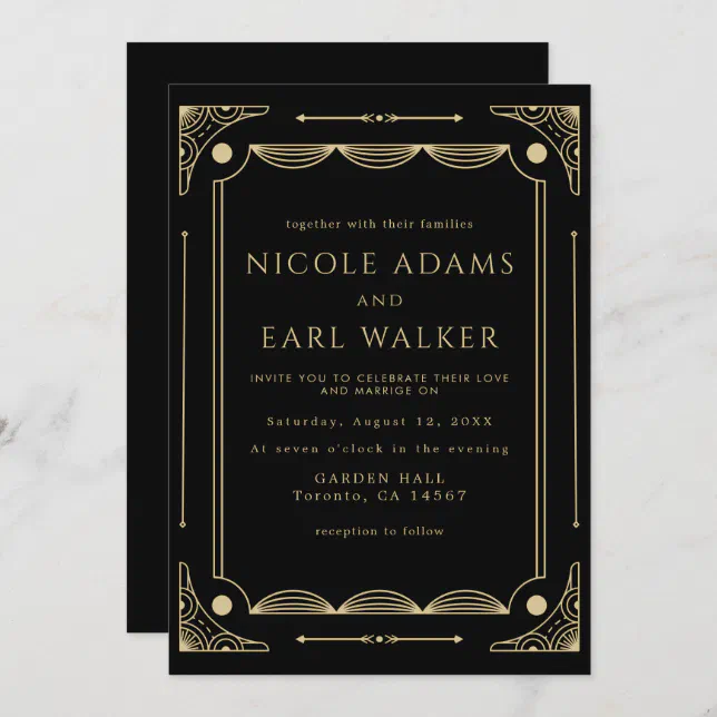 Elegant Black Deco Gold Wedding Invitation | Zazzle