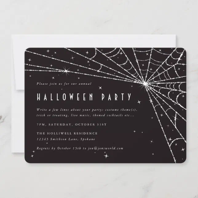 Elegant Black Diamond Spider Web Halloween Party Invitation | Zazzle