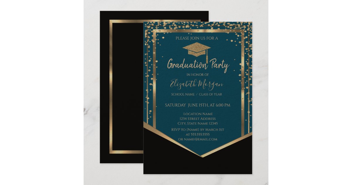 Elegant Black,Diamonds Gold Grad Cap Graduation Invitation | Zazzle