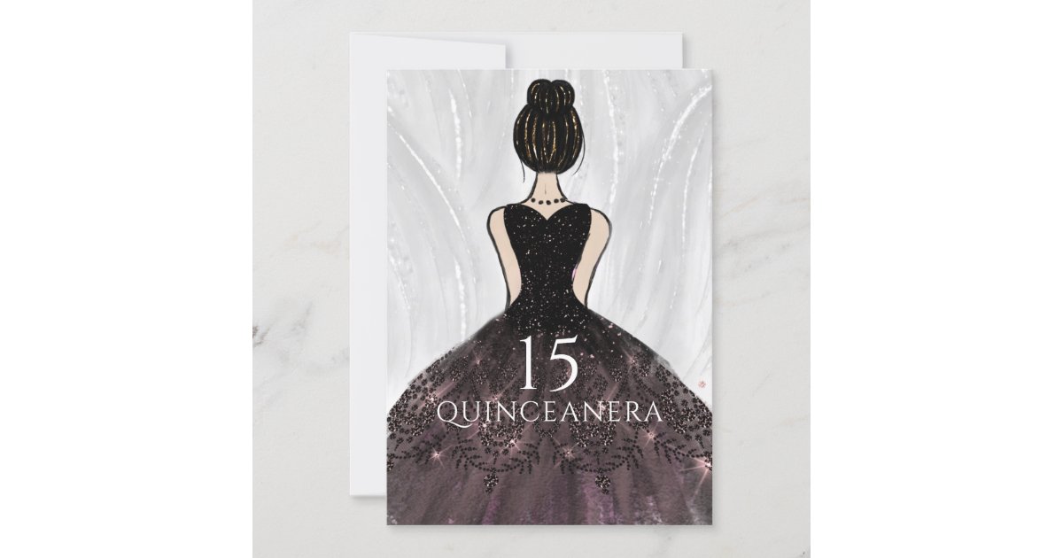 Elegant Black Dress Gown Quinceanera Party Invitation | Zazzle