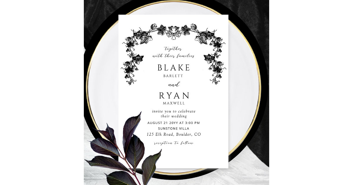 Elegant Black Enchanting Garland Wedding Invitation | Zazzle