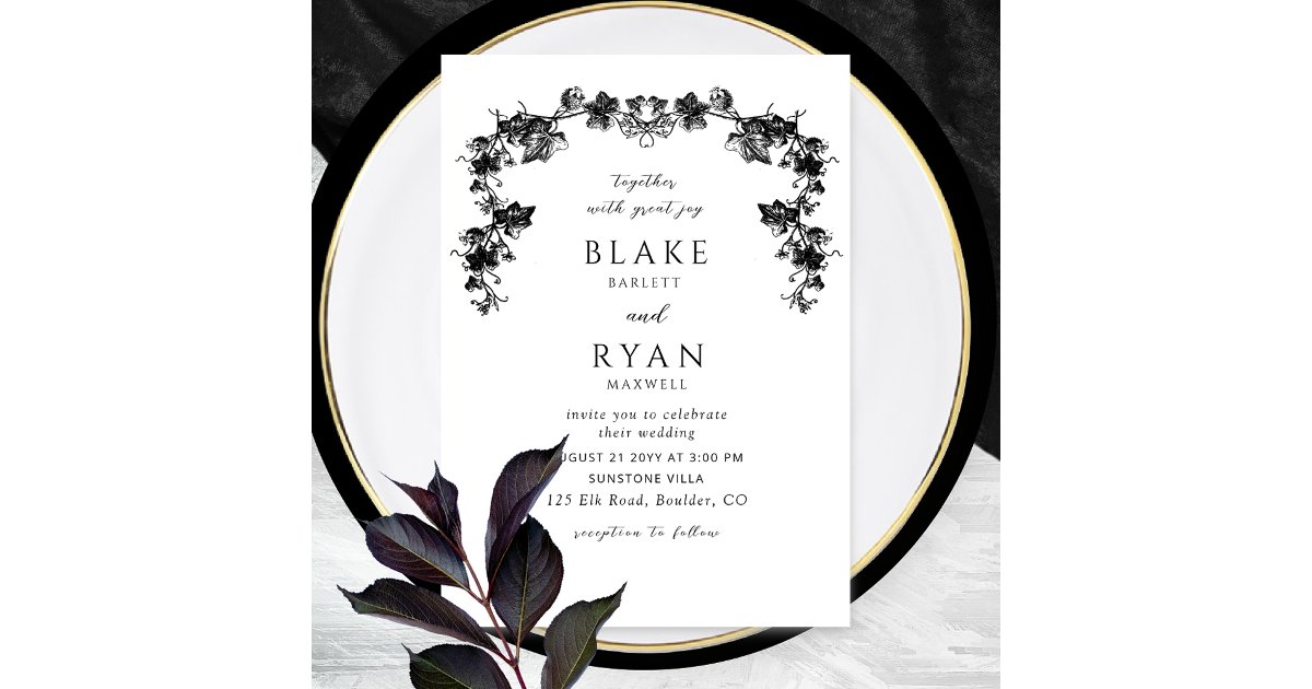 Elegant Black Enchanting Garland Wedding Invitation | Zazzle