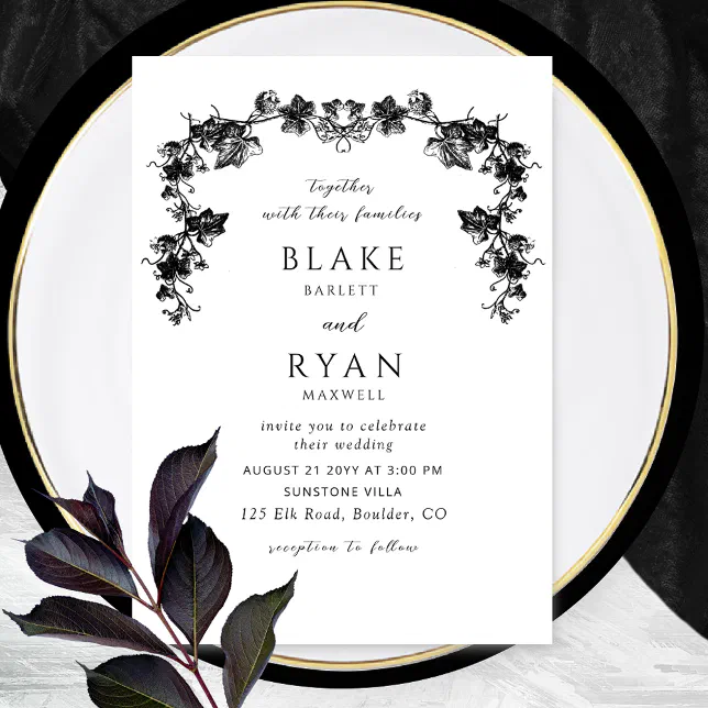 Elegant Black Enchanting Garland Wedding Invitation | Zazzle