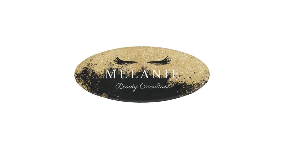 Elegant Black Eyelash Gold Glitter Cosmetologist Name Tag | Zazzle