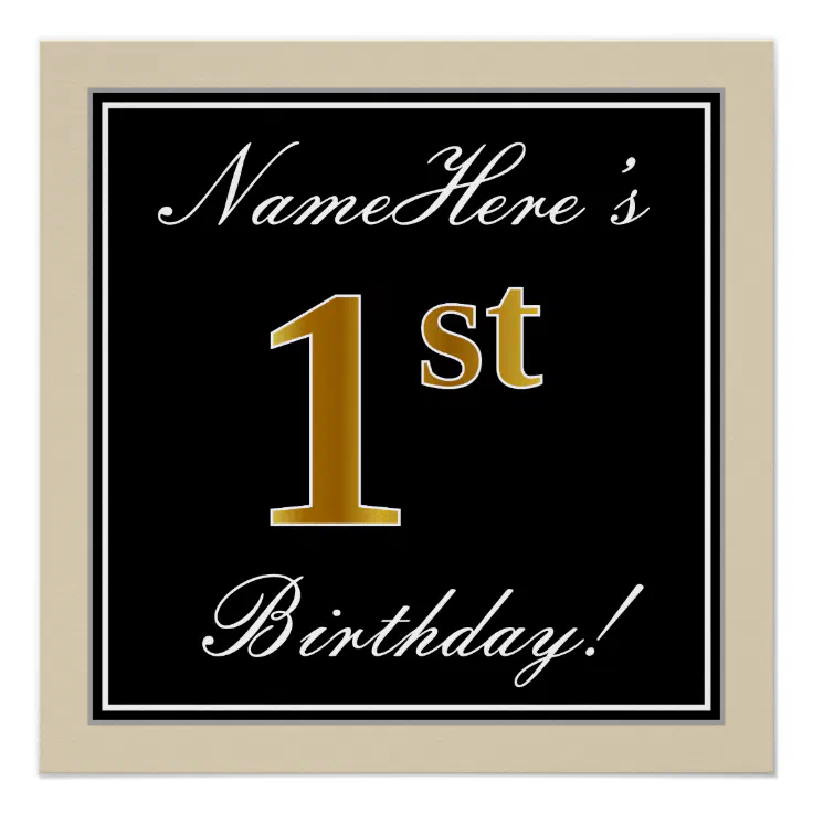 Elegant, Black, Faux Gold 1st Birthday + Name Poster | Zazzle
