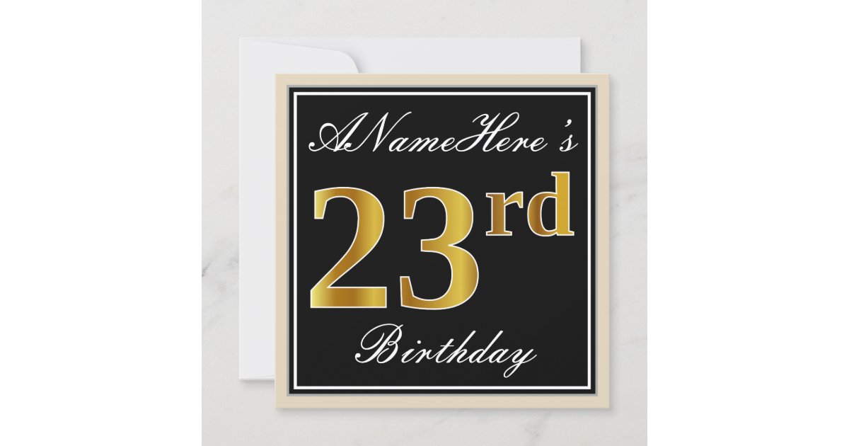 Elegant, Black, Faux Gold 23rd Birthday + Name Invitation | Zazzle