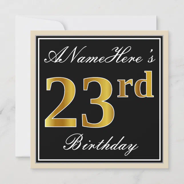 Elegant, Black, Faux Gold 23rd Birthday + Name Invitation | Zazzle