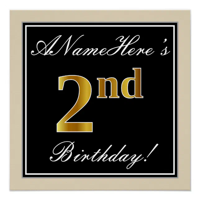 Elegant, Black, Faux Gold 2nd Birthday + Name Poster | Zazzle