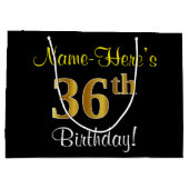 Elegant, Black, Faux Gold 36th Birthday + Name Large Gift Bag | Zazzle