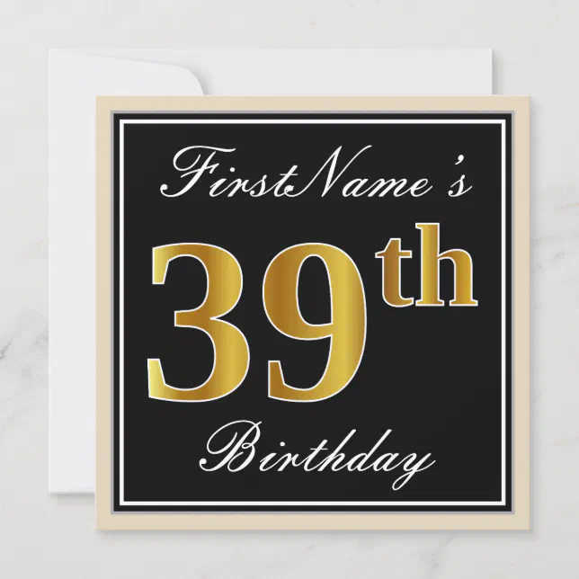 Elegant, Black, Faux Gold 39th Birthday + Name Invitation | Zazzle