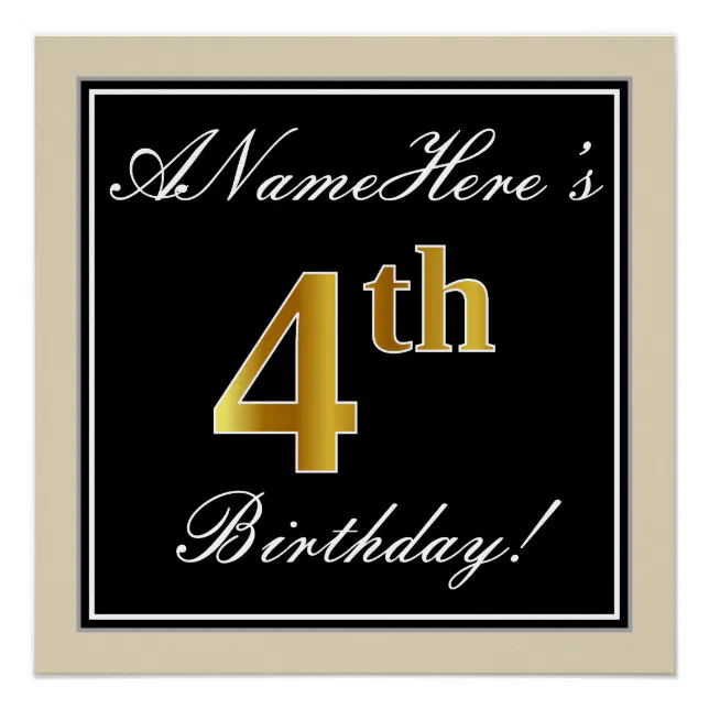 Elegant, Black, Faux Gold 4th Birthday + Name Poster | Zazzle