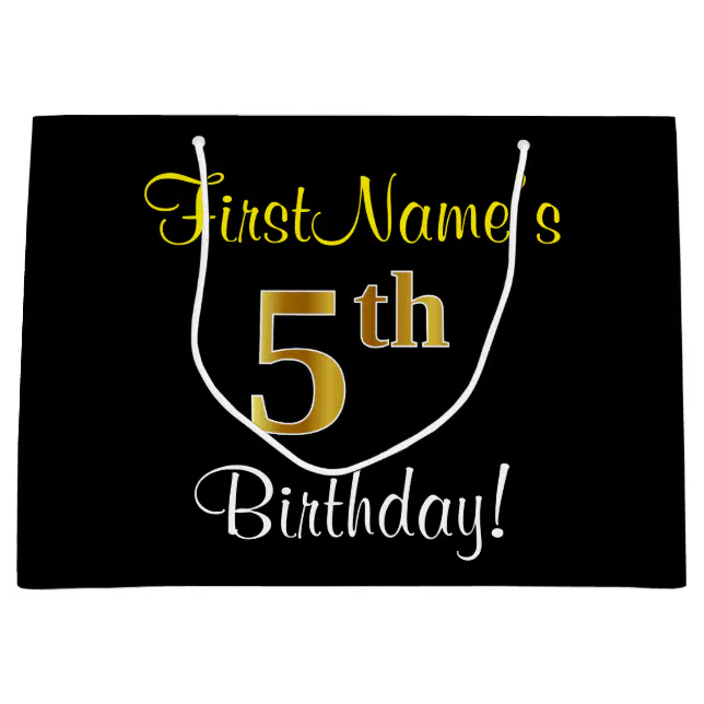 Elegant, Black, Faux Gold 5th Birthday + Name Large Gift Bag | Zazzle