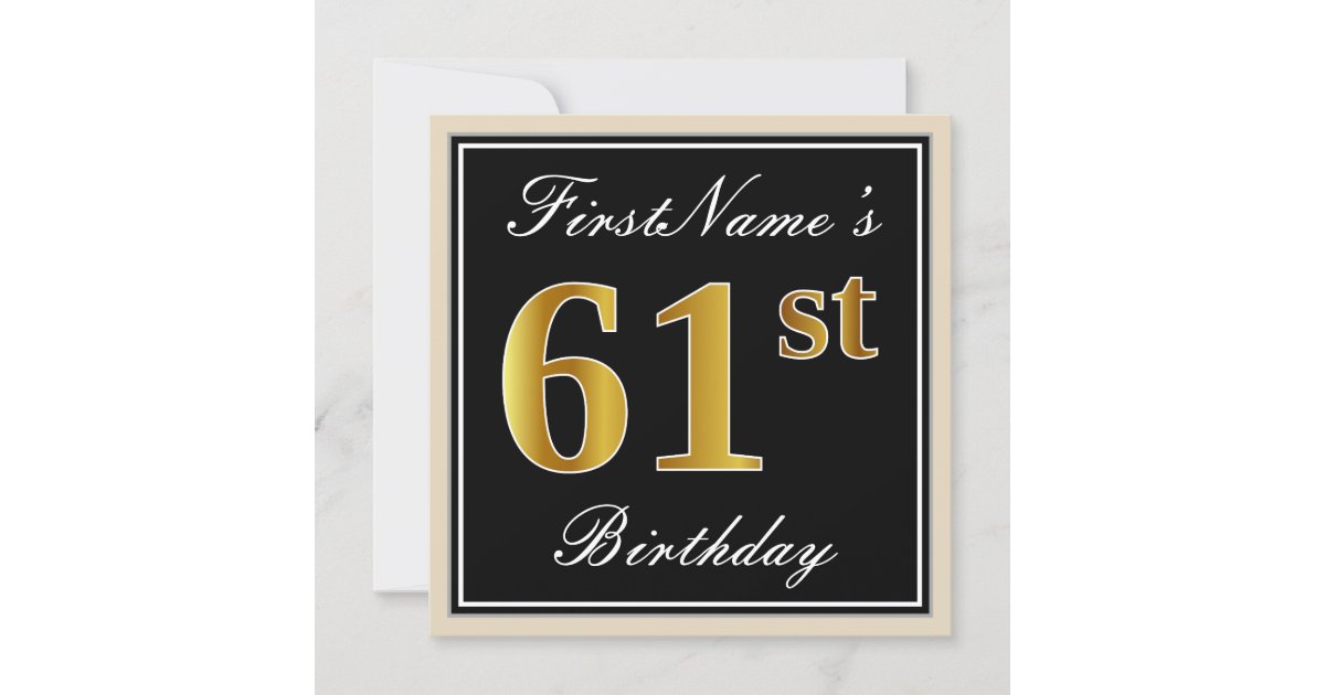 Elegant, Black, Faux Gold 61st Birthday + Name Invitation | Zazzle