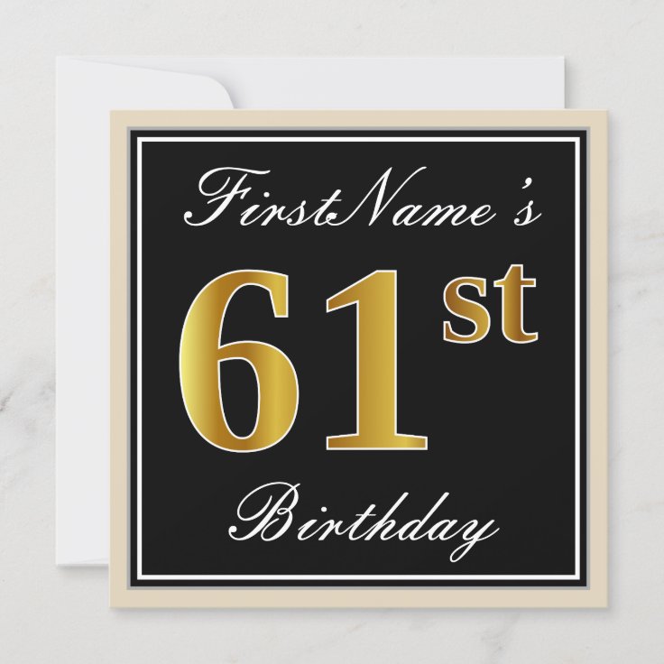 Elegant, Black, Faux Gold 61st Birthday + Name Invitation | Zazzle