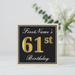 Elegant, Black, Faux Gold 61st Birthday + Name Invitation | Zazzle
