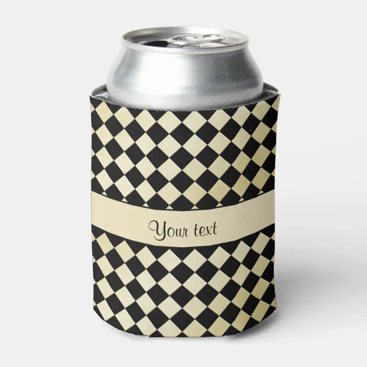 Elegant Black & Faux Gold Checkers Can Cooler | Zazzle