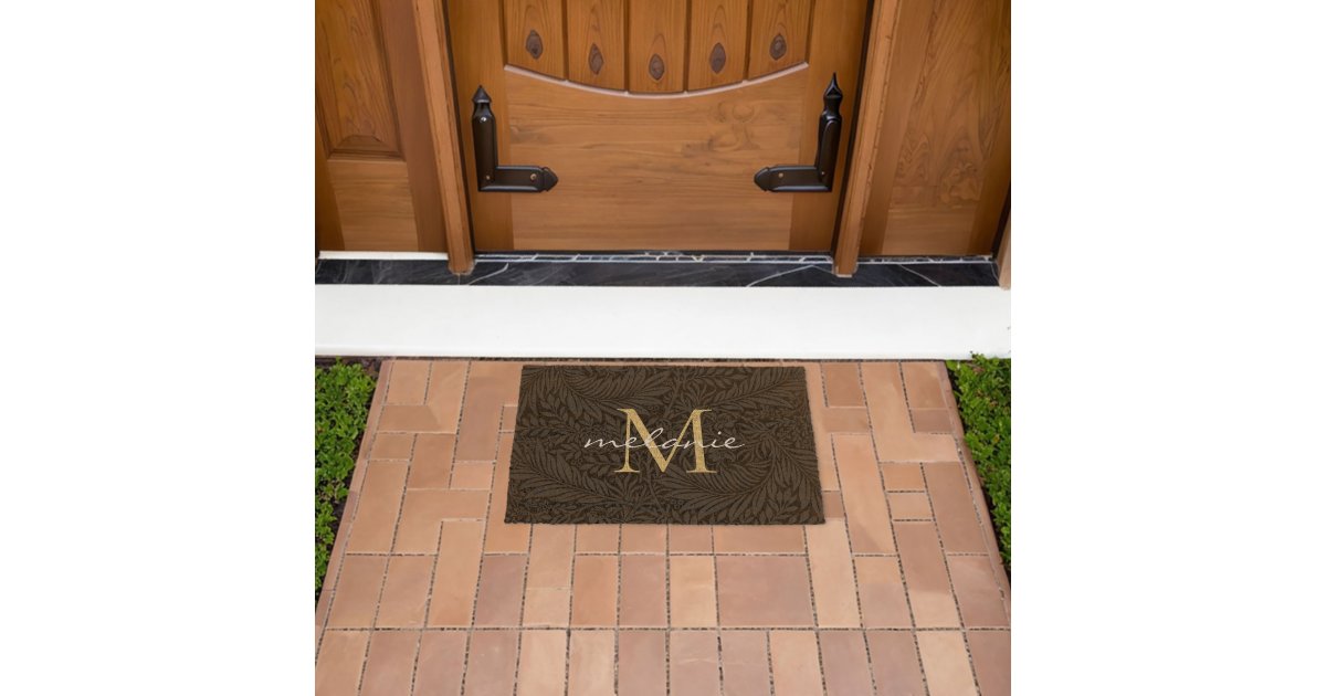 Elegant Black Floral Gold Monogram Fiber Doormat | Zazzle