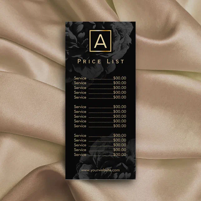 Elegant Black Floral Gold Monogram Price List Rack Card | Zazzle