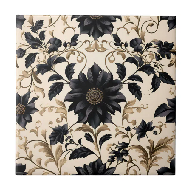 Elegant Black Floral Pattern Ceramic Tile | Zazzle