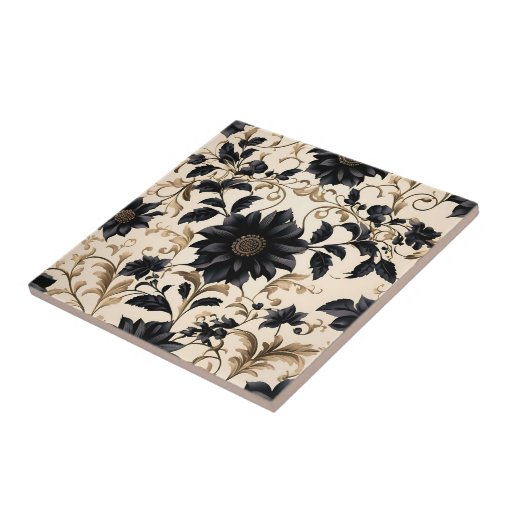 Elegant Black Floral Pattern Ceramic Tile | Zazzle
